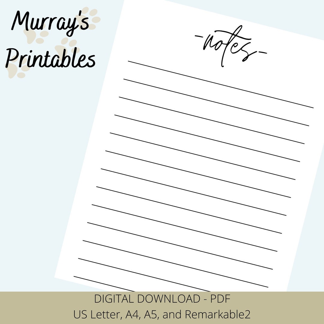 Printable Notes Page, Double Spaced, Script Font, Planner Insert, Lined ...