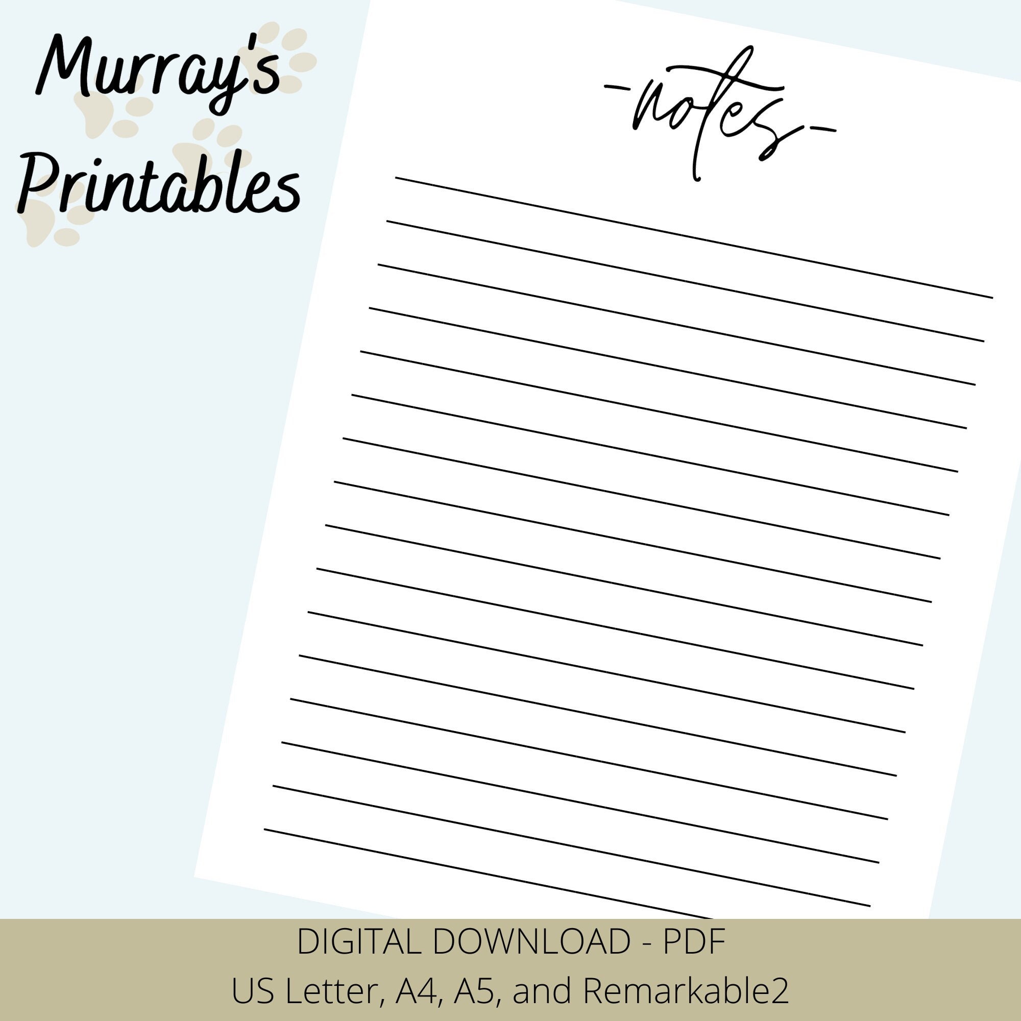 Printable Notes Page, 1.5 Spaced, Script Font, Planner Insert, Lined ...