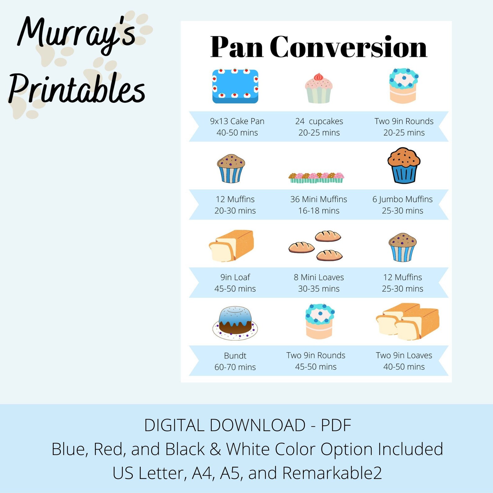 Baking Pan Conversion Chart Printable, A4, A5, US Letter, Remarkable 2 ...