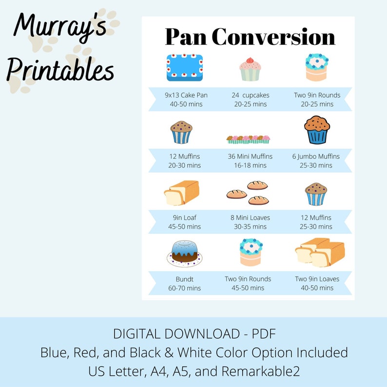 Baking Pan Conversion Chart Printable, A4, A5, US Letter, Remarkable 2 ...