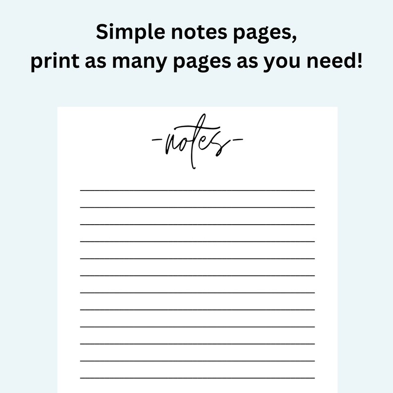 Printable Notes Page, 1.5 Spaced, Script Font, Planner Insert, Lined ...