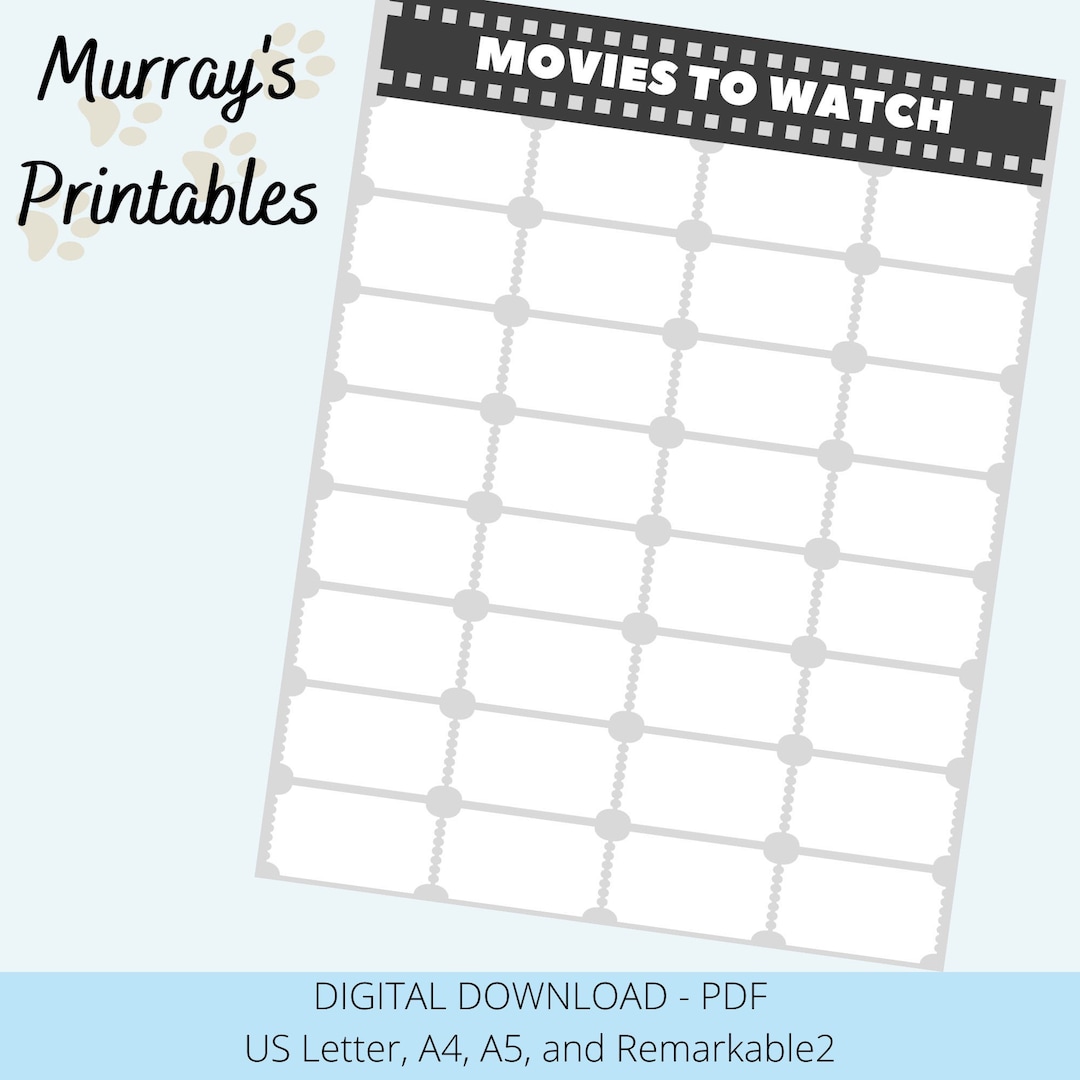 Movie Watch List Printable Digital Download Bullet Journal A4 A5 Letter ...