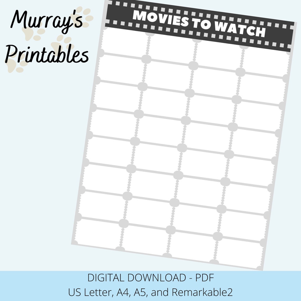 Movie Watch List Printable Digital Download Bullet Journal A4 A5 Letter ...