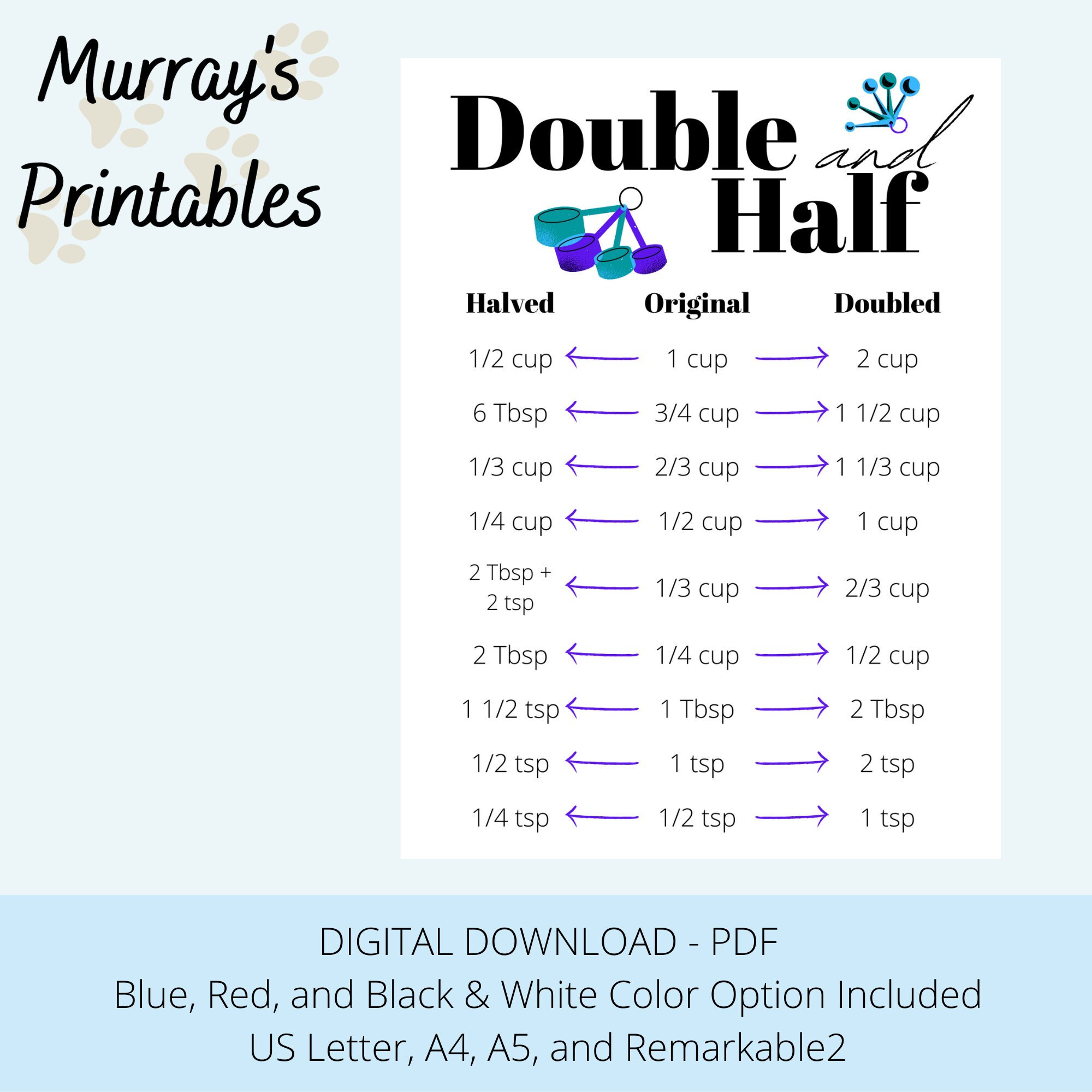 Double or Half Recipe Conversion Chart Printable, A4, A5, US Letter ...