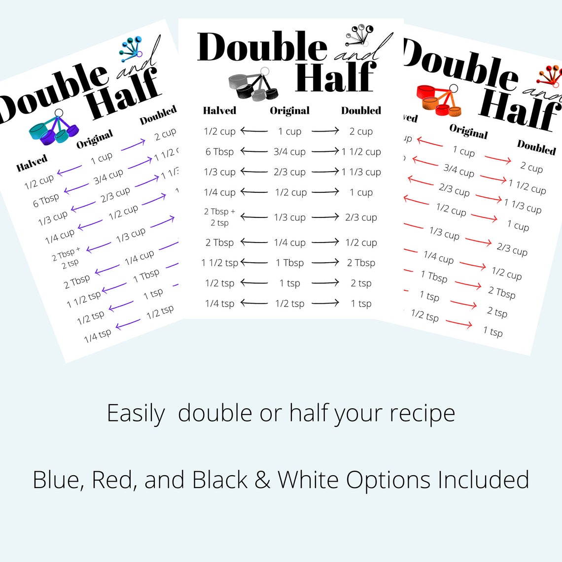Double or Half Recipe Conversion Chart Printable, A4, A5, US Letter ...