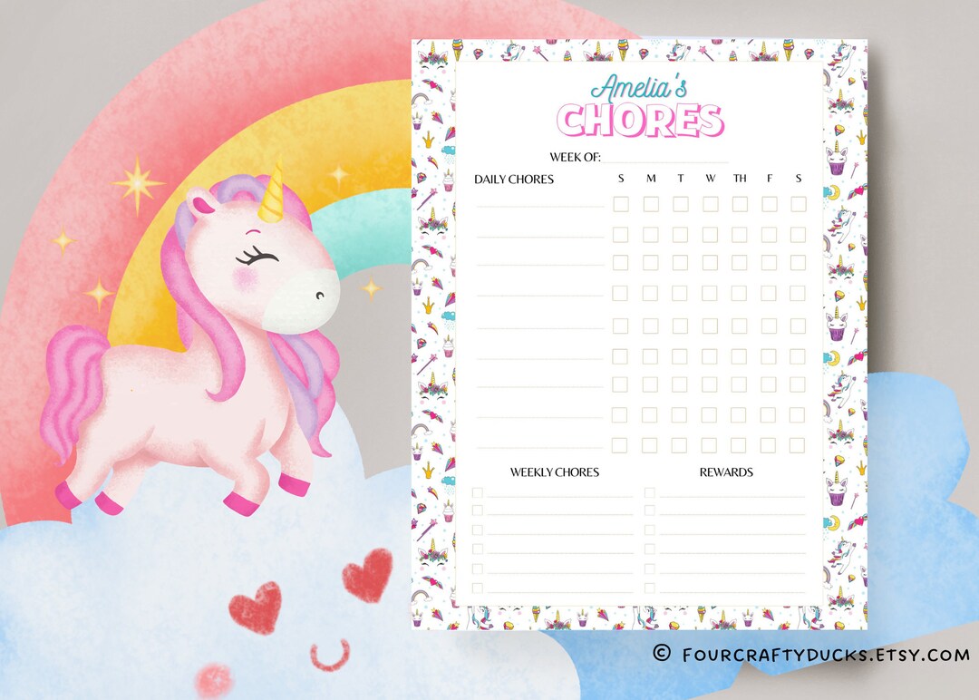 Chore Chart for Kids, Four Cute Designs, Unicorn Kids Chores, Kids ...
