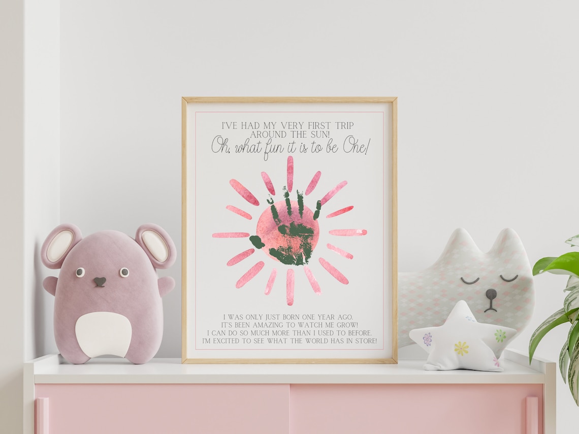 First Birthday Handprint Footprint Art: Pink Sun Keepsake (digital ...