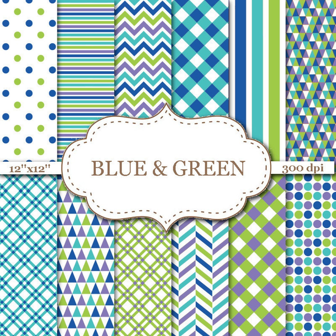 BLUE & GREEN Geometric Digital Paper Pack Blue Green Chevron Stripes ...
