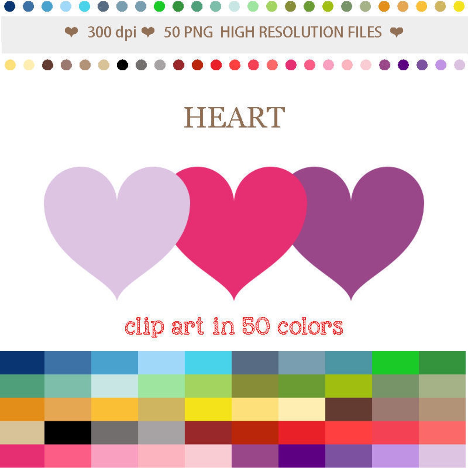 50 Colors Digital HEARTS Clipart Heart Clip Art Digital Heart Instant ...