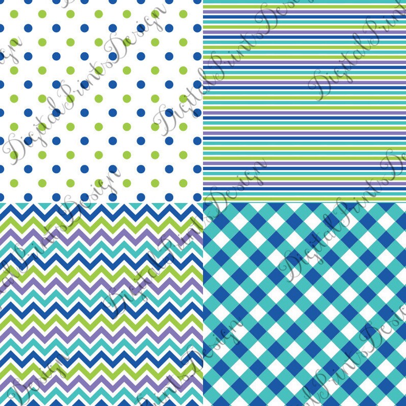 BLUE & GREEN Geometric Digital Paper Pack Blue Green Chevron Stripes ...