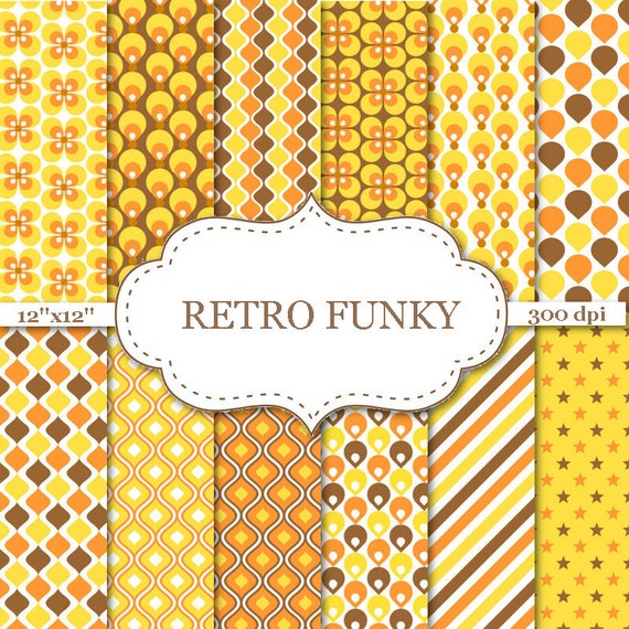 RETRO FUNKY Geometric Digital Paper Pack Yellow Orange Brown | Etsy