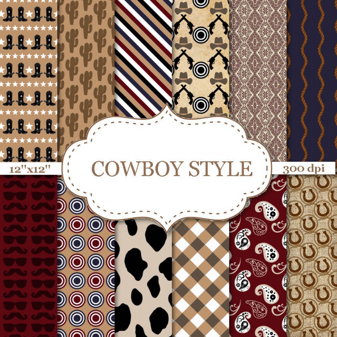 COWBOY STYLE Digital Paper Seamless Pattern Red Blue Brown Paper Rodeo ...