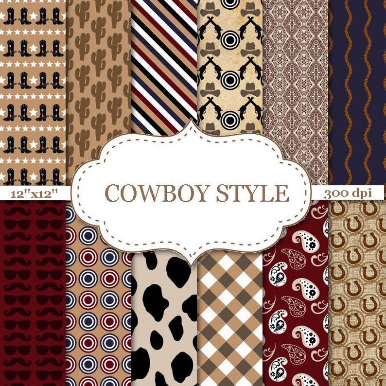 COWBOY STYLE Digital Paper Seamless Pattern Red Blue Brown Paper Rodeo ...