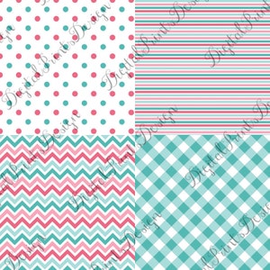PINK & TEAL Geometric Digital Paper Pack Teal and Pink Chevron Stripes ...