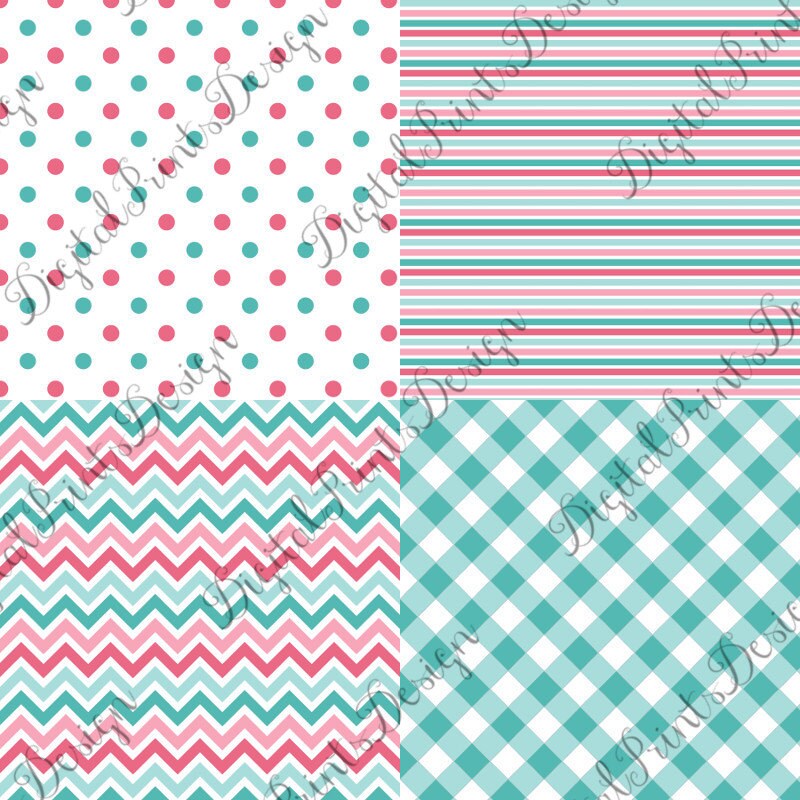 PINK & TEAL Geometric Digital Paper Pack Teal and Pink Chevron - Etsy