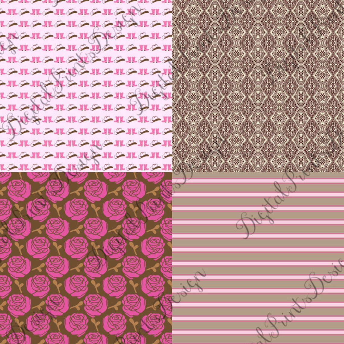 COWGIRL LINE DANCE Digital Paper Seamless Pattern Pink Brown - Etsy