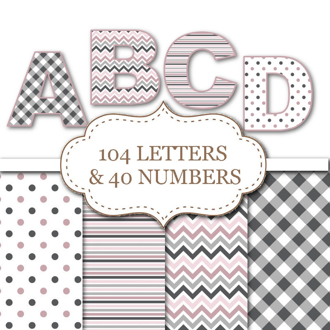 Pink and Gray Alphabet Clipart Polka Dots Stripes Chevron Alphabet Clip ...