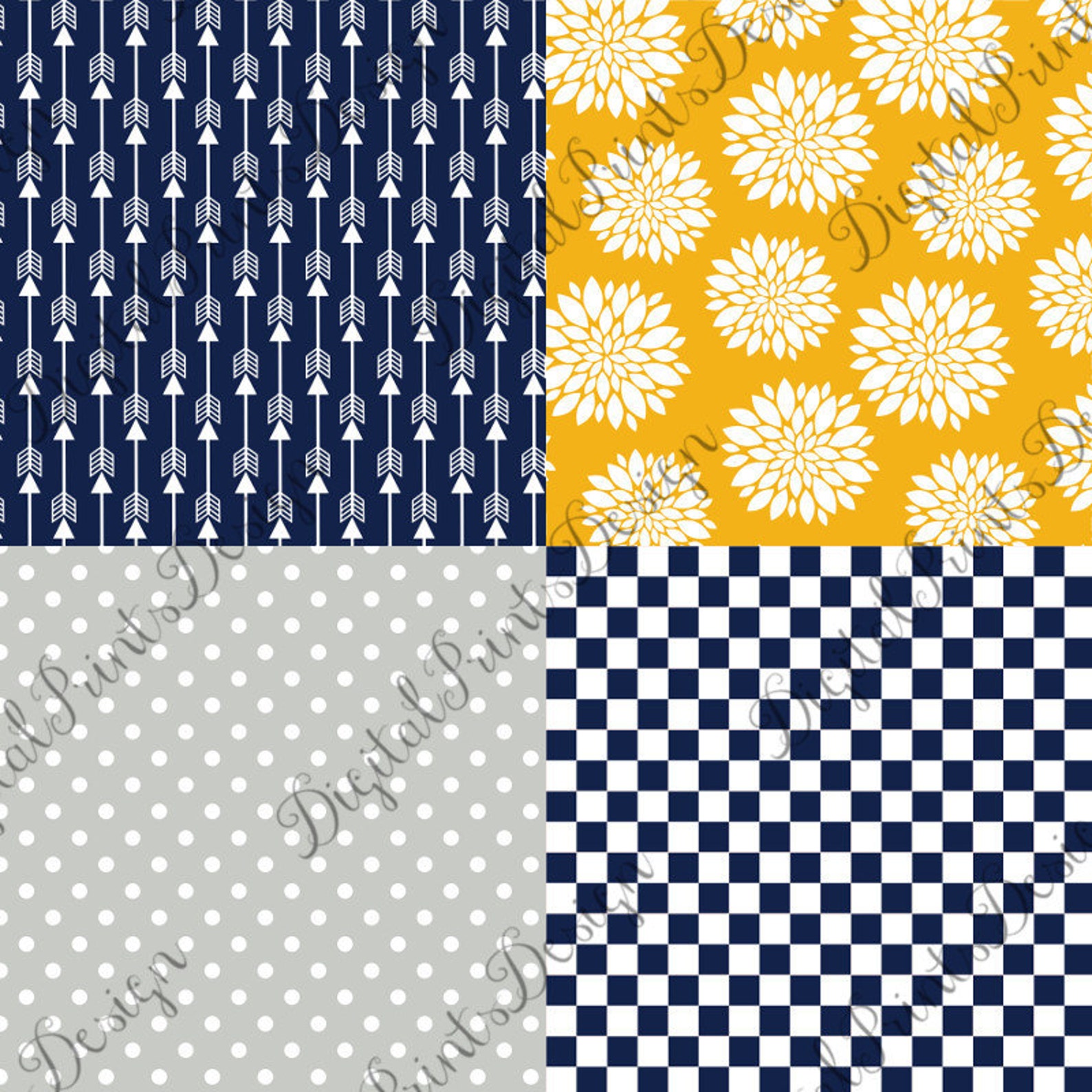 MUSTARD YELLOW & NAVY Blue Digital Paper Pack Chevron Arrows Floral ...