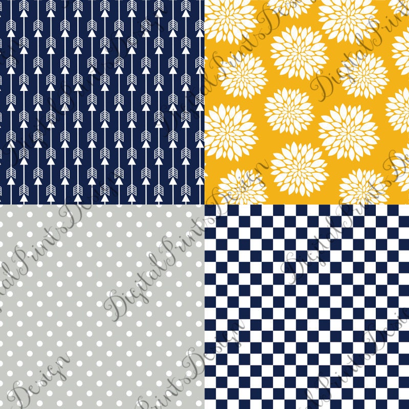 MUSTARD YELLOW & NAVY Blue Digital Paper Pack Chevron Arrows Floral ...