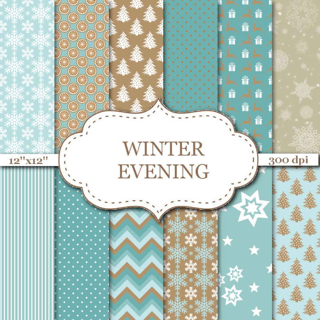 WINTER EVENING Digital Paper Winter Blue Brown Digital Paper Snowflakes ...