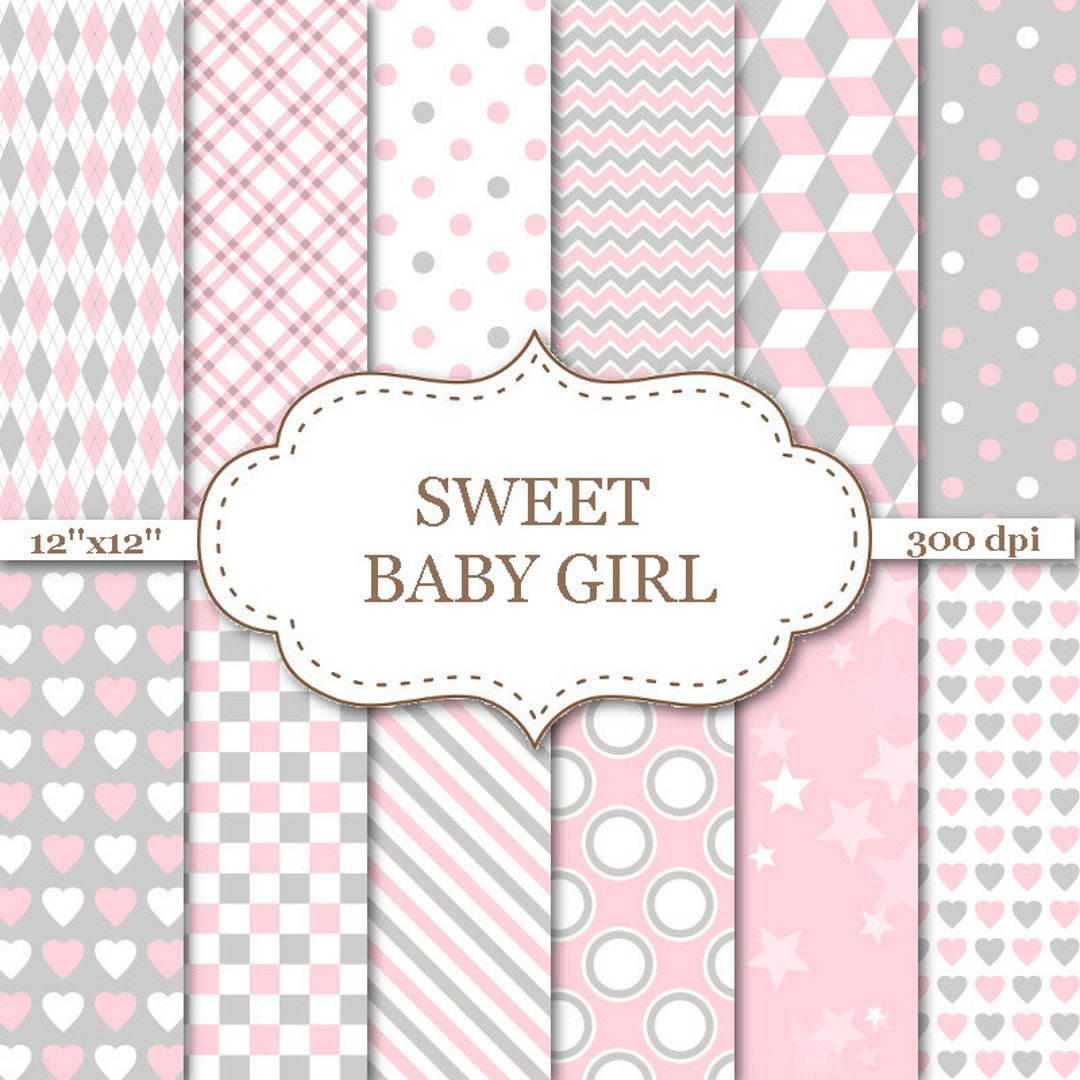 Pink and Gray Baby Girl Digital Paper Backgrounds New Baby Digital ...