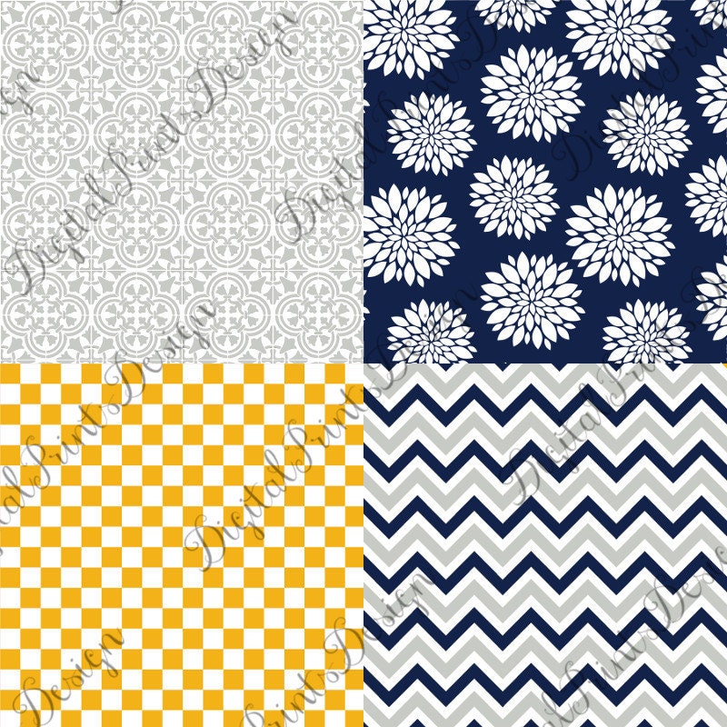MUSTARD YELLOW & NAVY Blue Digital Paper Pack Chevron Arrows Floral ...