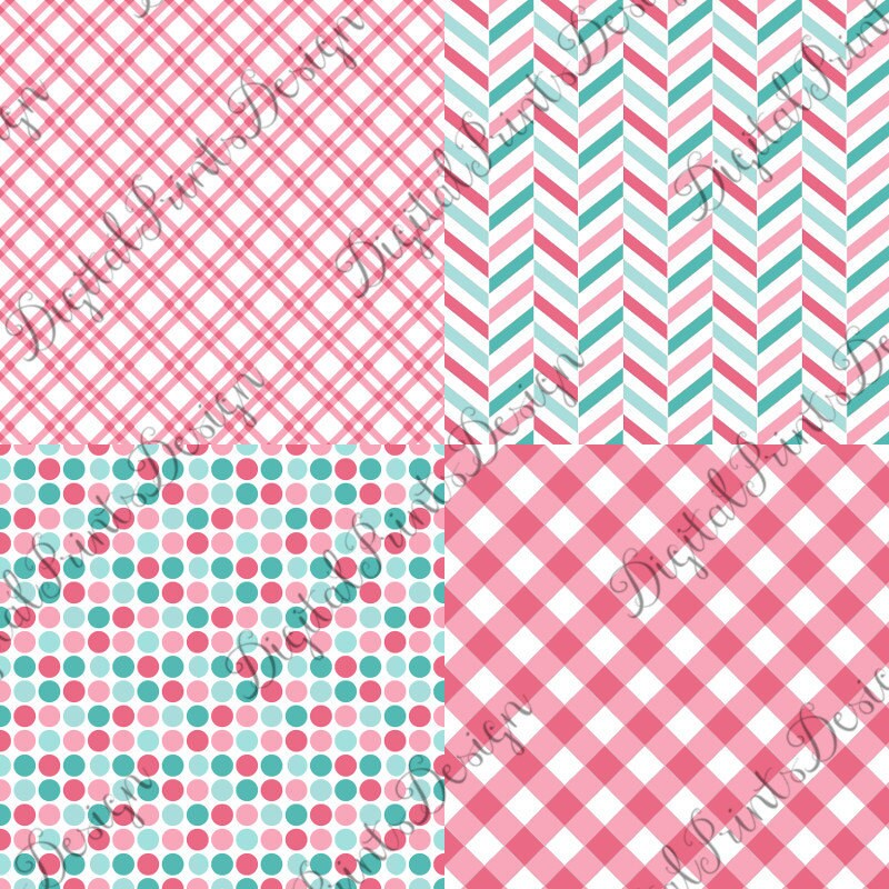 PINK & TEAL Geometric Digital Paper Pack Teal and Pink Chevron - Etsy