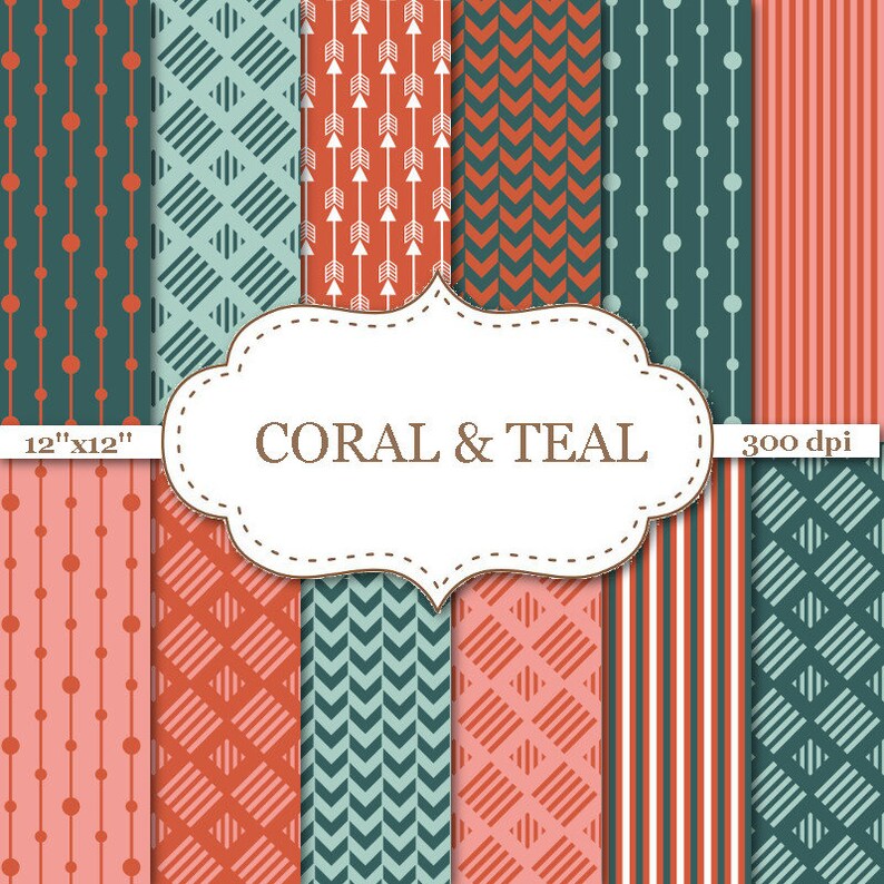 CORAL & TEAL Digital Paper Pack Stripe Paper Arrow Pattern - Etsy
