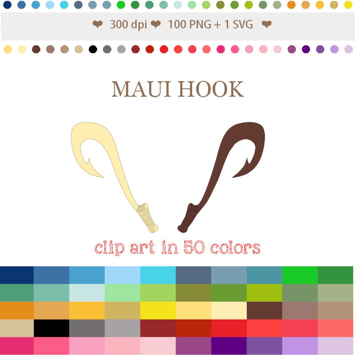 50 Colors Digital MAUI HOOK Clipart Moana Theme Clip Art Rainbow Maui ...