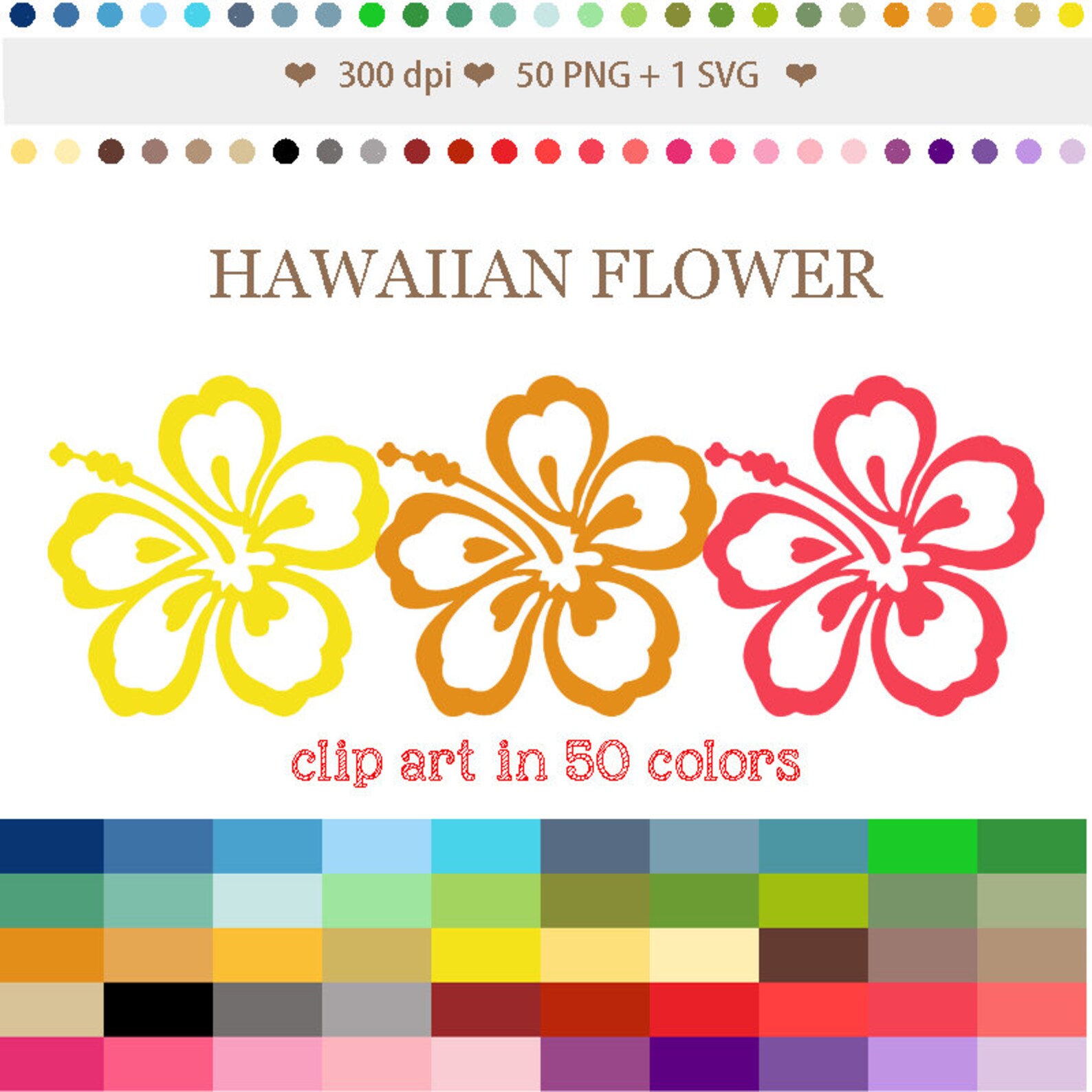 50 Colors Digital HAWAIIAN FLOWER Clipart Hibiscus Clip Art Rainbow ...