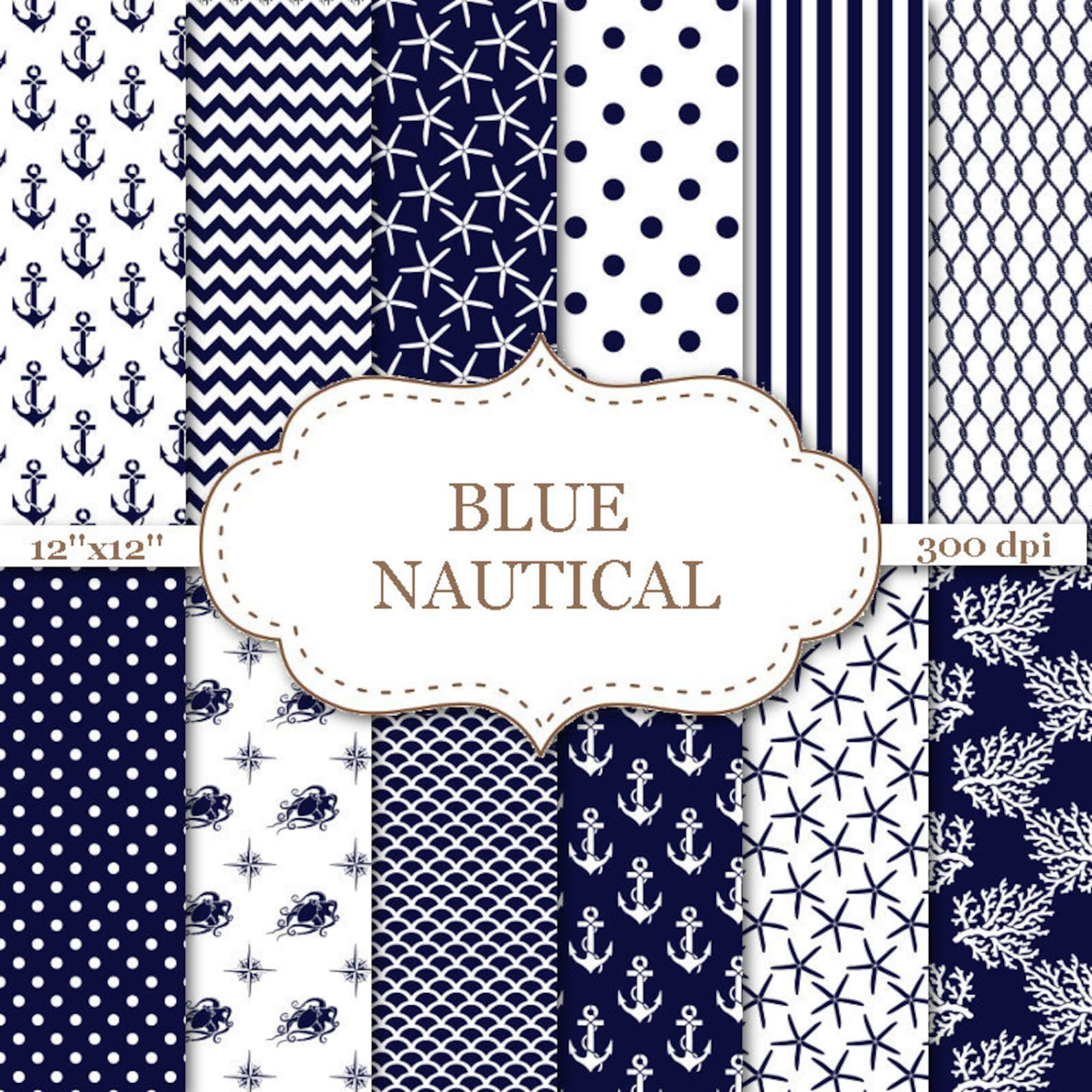 BLUE NAUTICAL Digital Paper Nautical Pattern Anchor Starfish Compass ...