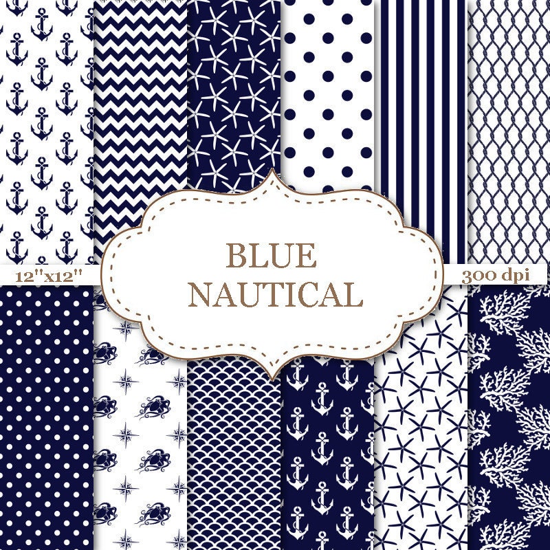 BLUE NAUTICAL Digital Paper Nautical Pattern Anchor Starfish Compass ...