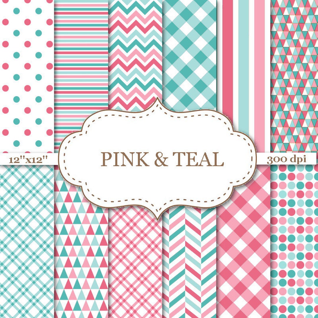 PINK & TEAL Geometric Digital Paper Pack Teal and Pink Chevron Stripes ...