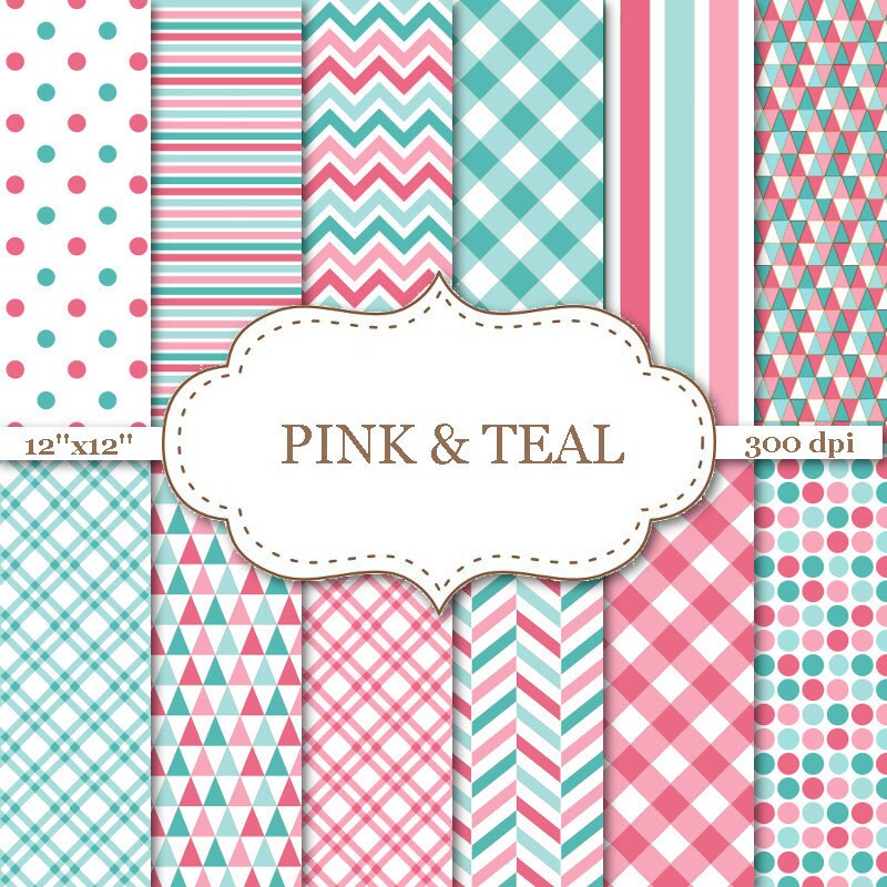PINK & TEAL Geometric Digital Paper Pack Teal and Pink Chevron - Etsy