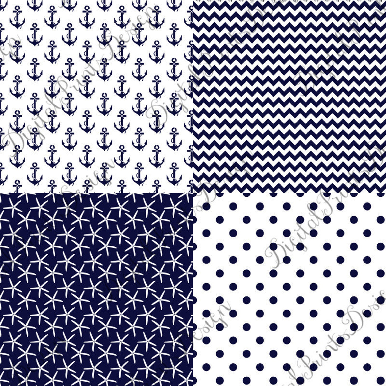 BLUE NAUTICAL Digital Paper Nautical Pattern Anchor Starfish Compass ...