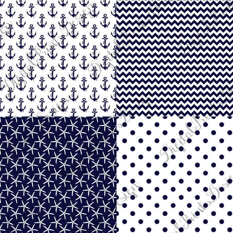 BLUE NAUTICAL Digital Paper Nautical Pattern Anchor Starfish Compass ...