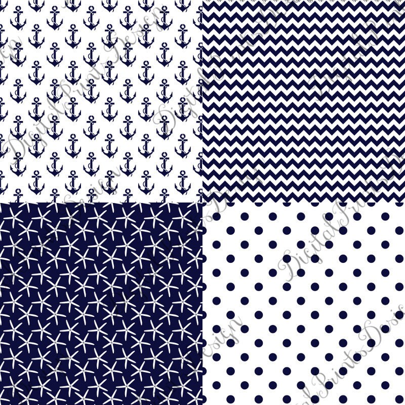 BLUE NAUTICAL Digital Paper Nautical Pattern Anchor Starfish Compass ...