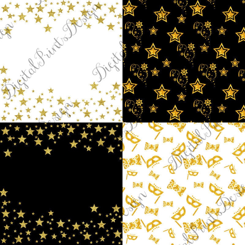 New Years Digital Paper Black White Gold New Year Seamless Patterns ...