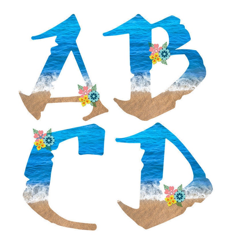5" MOANA STYLE Alphabet and 4'' Numbers With Flowers Summer Beach Alpha ...
