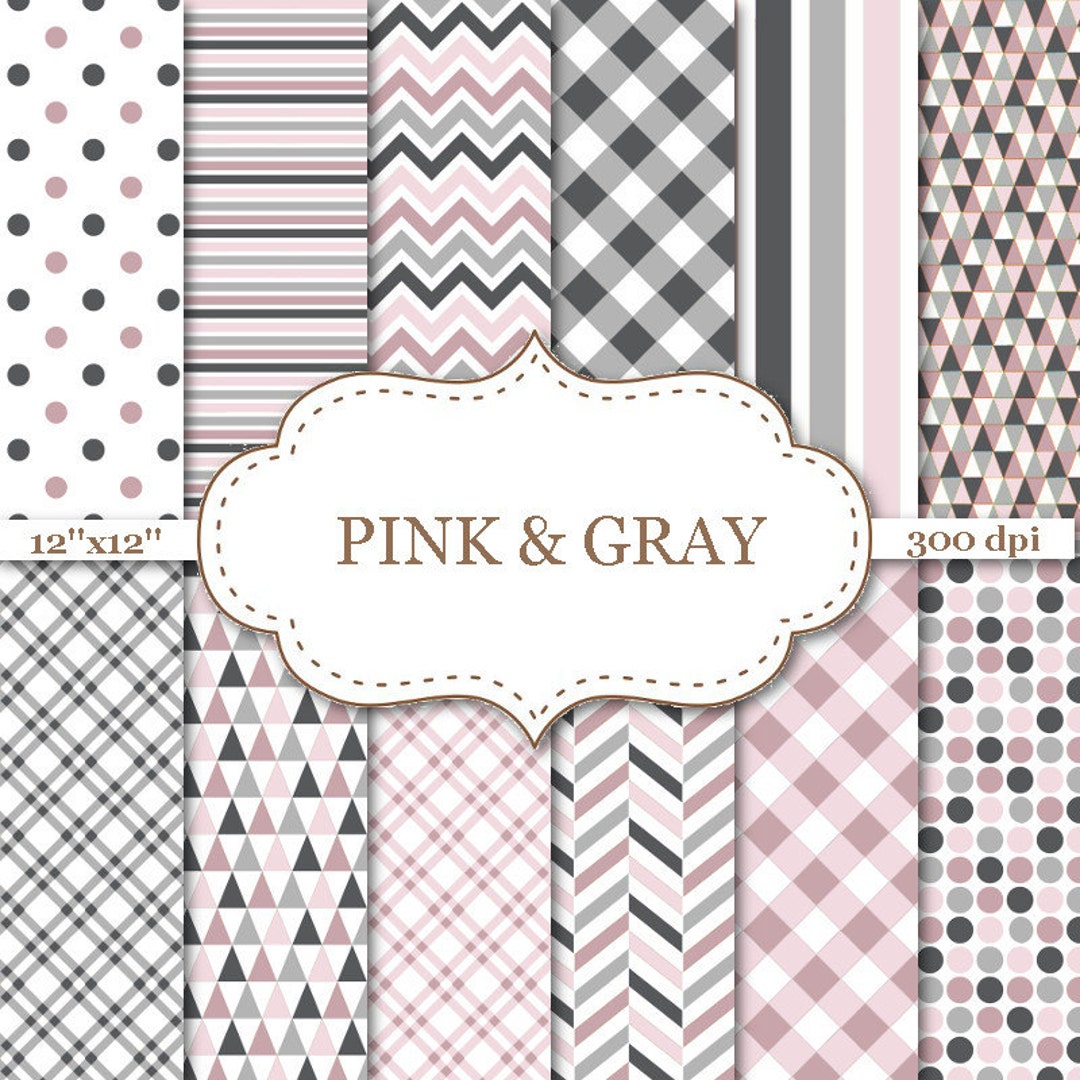 PINK & GRAY Geometric Digital Paper Pack Pink and Gray Chevron Stripes ...