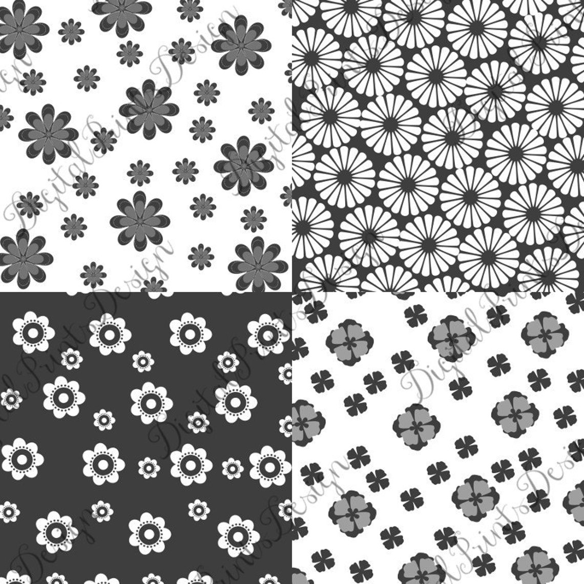 BLACK & WHITE FLOWERS Digital Paper Floral Backgrounds Floral - Etsy