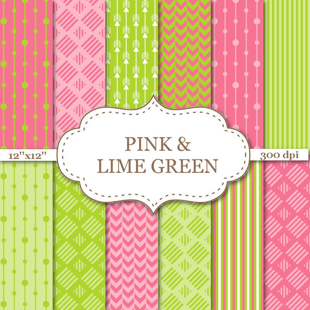 PINK & LIME GREEN Digital Paper Pack Stripe Paper Arrow Pattern Paper ...