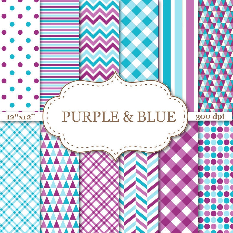 PURPLE & BLUE Geometric Digital Paper Pack Purple and Blue Chevron ...
