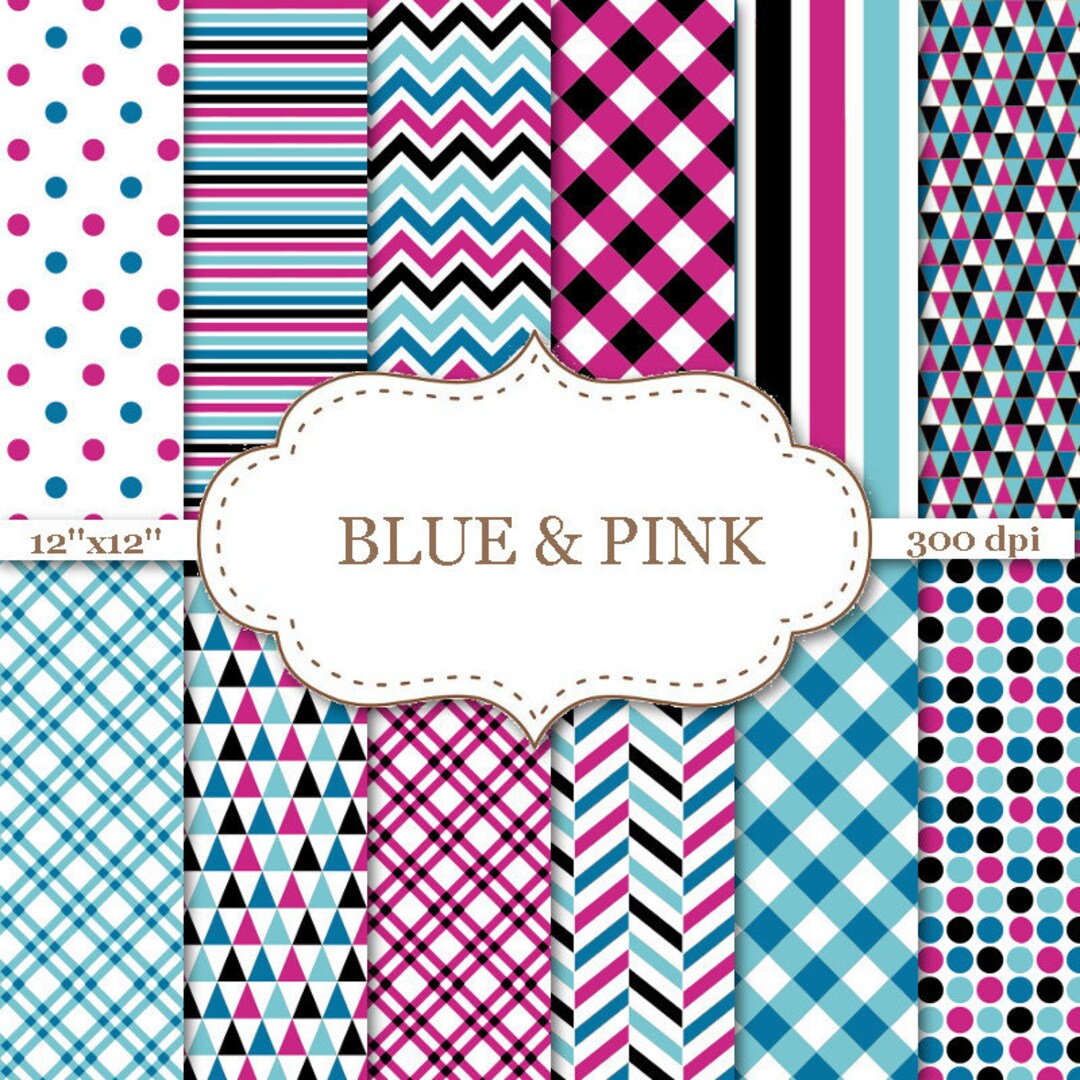 BLUE & PINK Geometric Digital Paper Pack Blue Pink Black Chevron ...