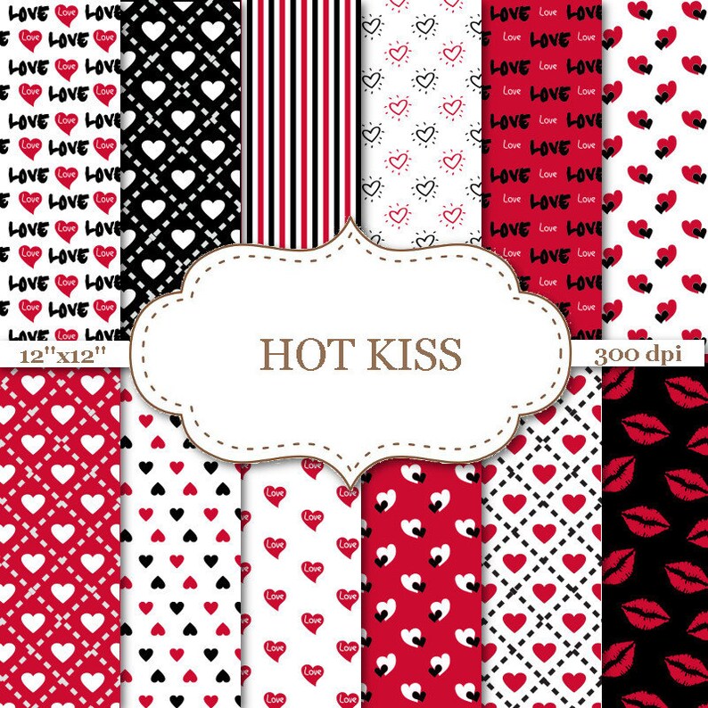 HOT KISS Love Digital Paper Valentine's Digital Paper Hearts Pattern ...