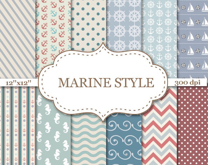 Nautical Digital Paper: BLUE & RED NAUTICAL Patterns Seamless Pattern ...