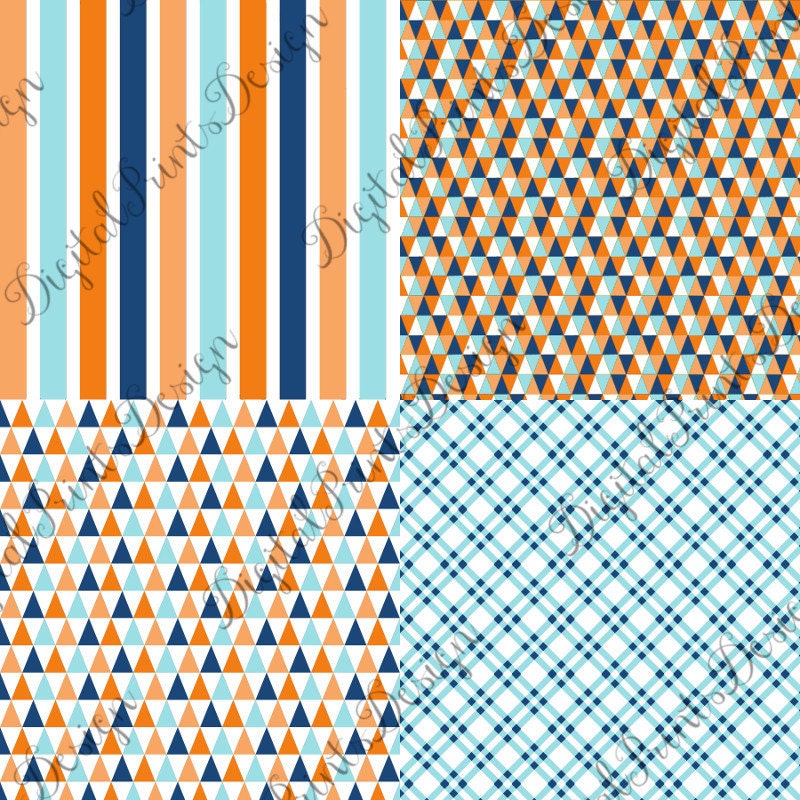 ORANGE & NAVY BLUE Geometric Digital Paper Pack Blue and Orange Chevron ...