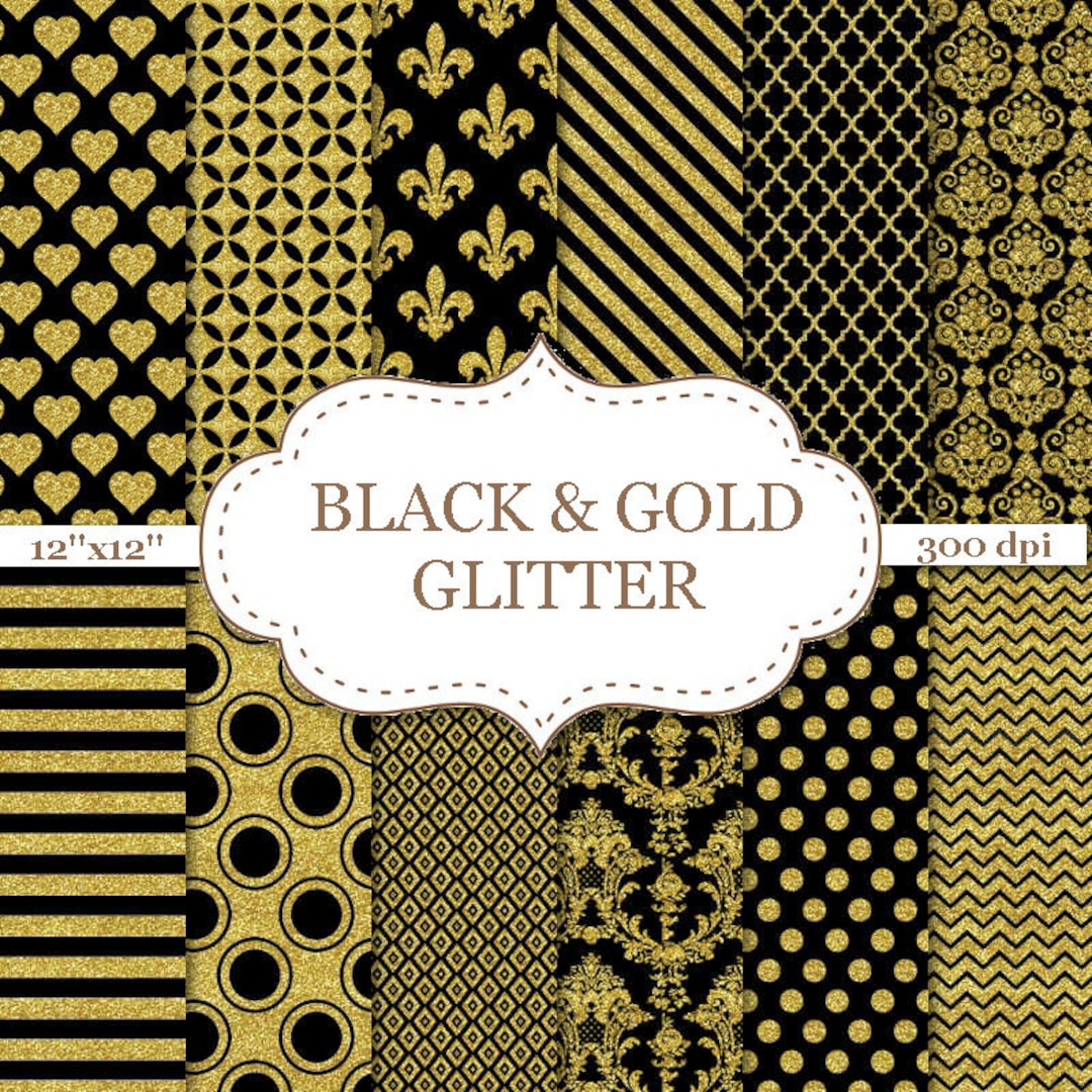 BLACK & GOLD Glitter Patterns Digital Paper Wedding Birthday Paper ...