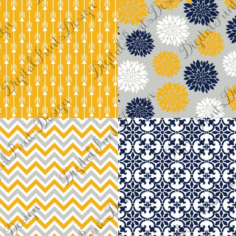 MUSTARD YELLOW & NAVY Blue Digital Paper Pack Chevron Arrows Floral ...