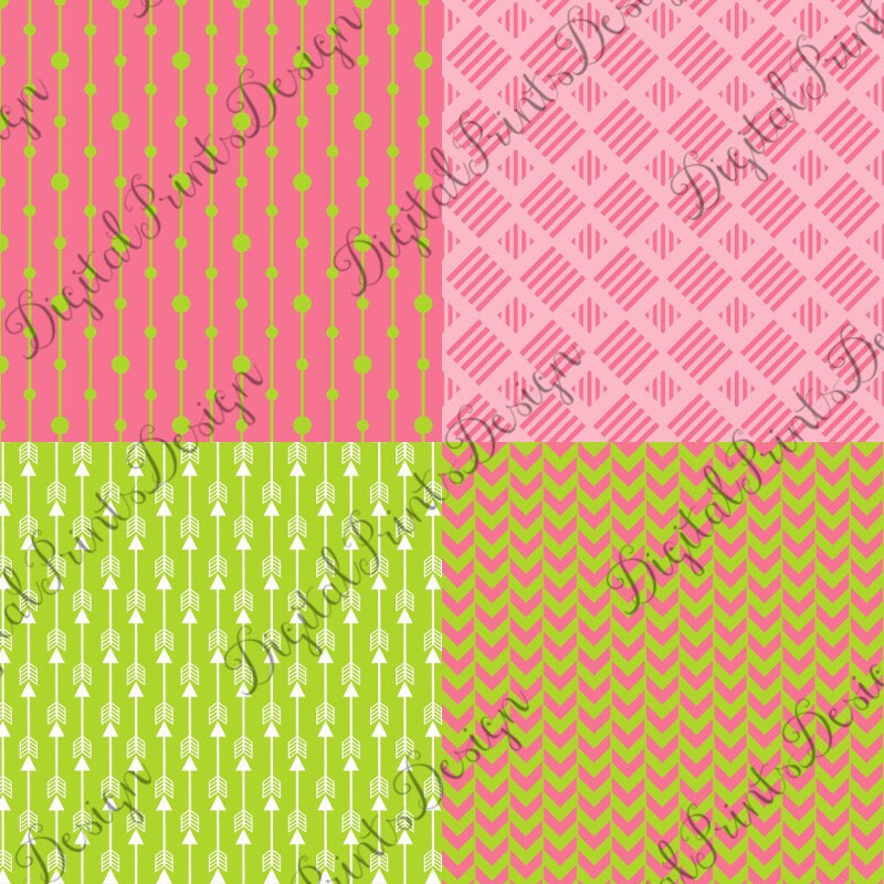 PINK & LIME GREEN Digital Paper Pack Stripe Paper Arrow Pattern Paper ...